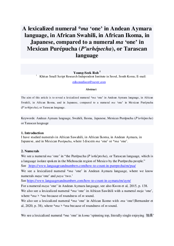 (PDF) A lexicalized numeral *ma 'one' in Andean Aymara language, in ...