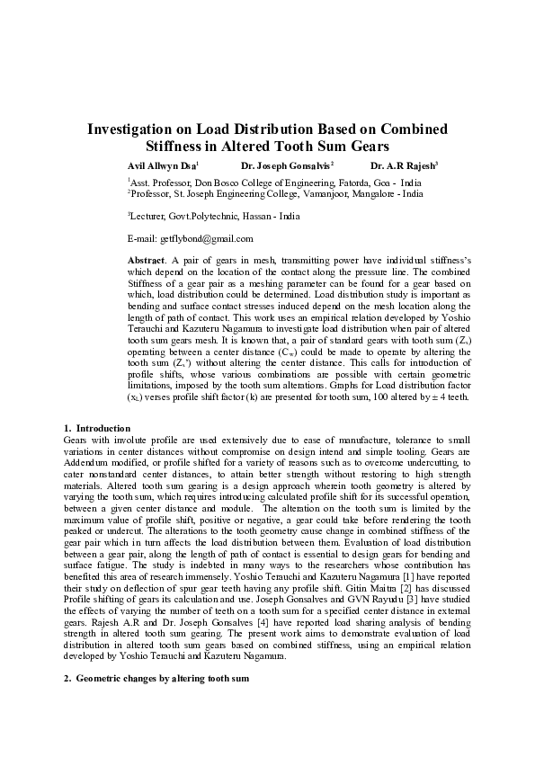 Doc Investigation On Load Distribution Based On Combined Stiffness In Altered Tooth Sum Gears