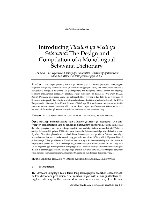 (PDF) Introducing Tlhalosi ya Medi ya Setswana : The Design and ...