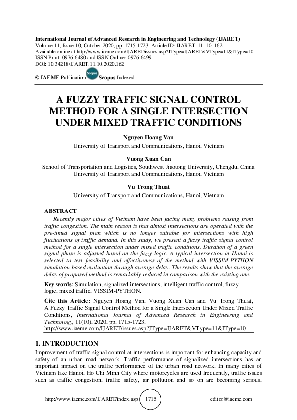 Pdf A Fuzzy Traffic Signal Control Method For A Single Intersection Under Mixed Traffic Conditions