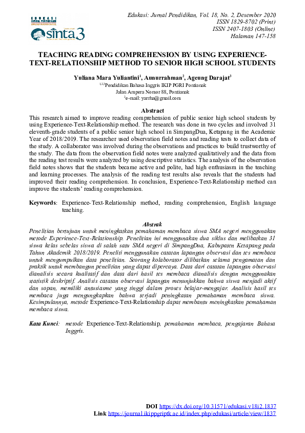 (DOC) TEACHING READING COMPREHENSION BY USING EXPERIENCE- TEXT ...