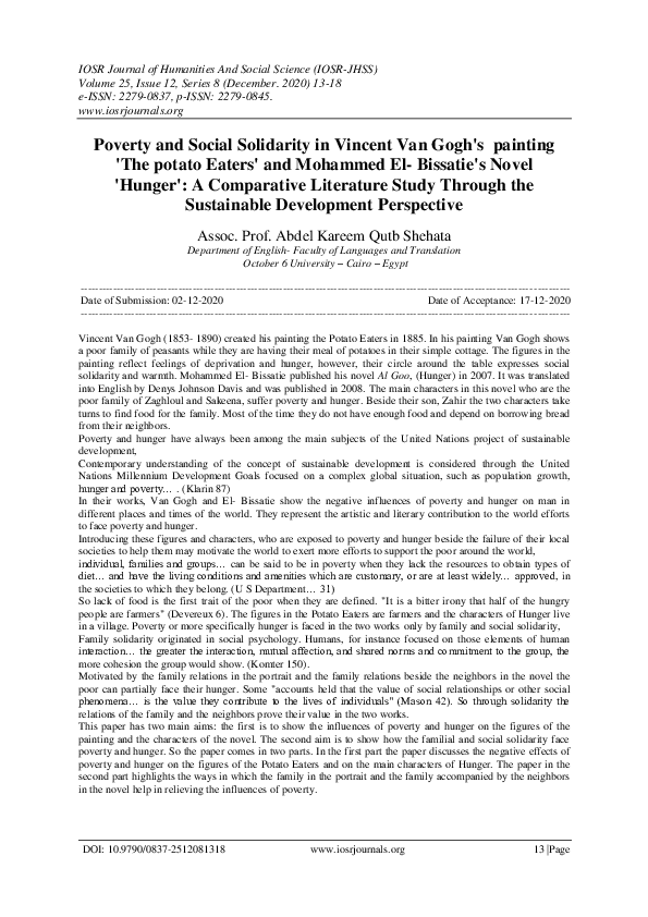(PDF) Poverty and Social Solidarity in Vincent Van Gogh's painting 'The ...