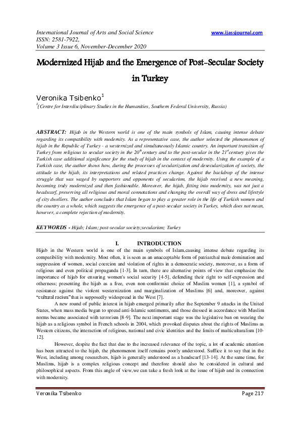 (PDF) Modernized Hijab and the Emergence of Post-Secular Society in Turkey