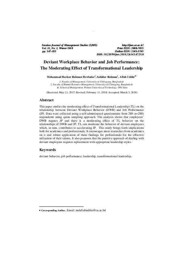 (PDF) Deviant Workplace Behavior and Job Performance: The Moderating Effect of Transformational ...