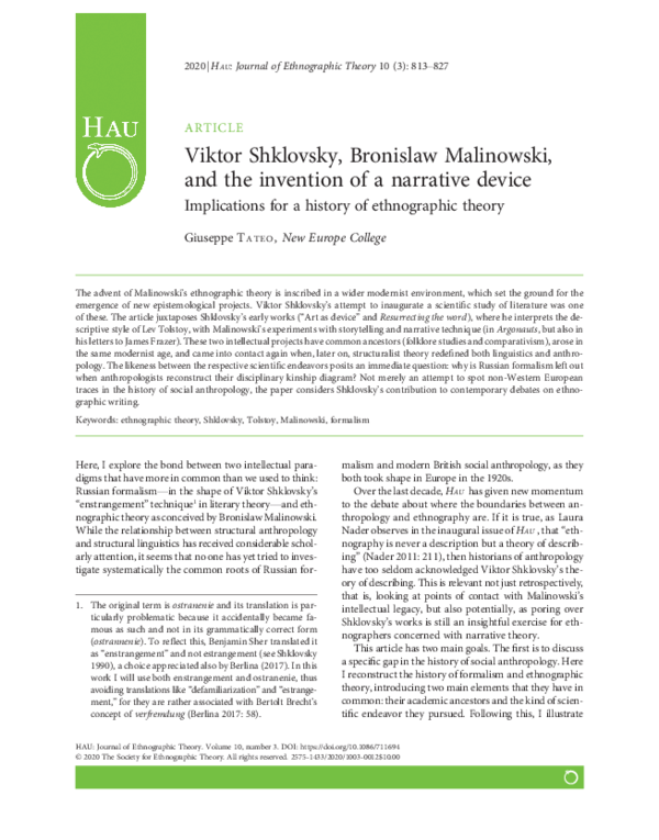 (PDF) Viktor Shklovsky, Bronislaw Malinowski, and the invention of a ...