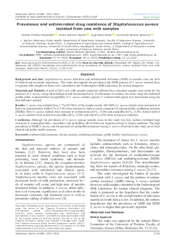 (PDF) Prevalence and antimicrobial drug resistance of Staphylococcus aureus isolated from cow ...
