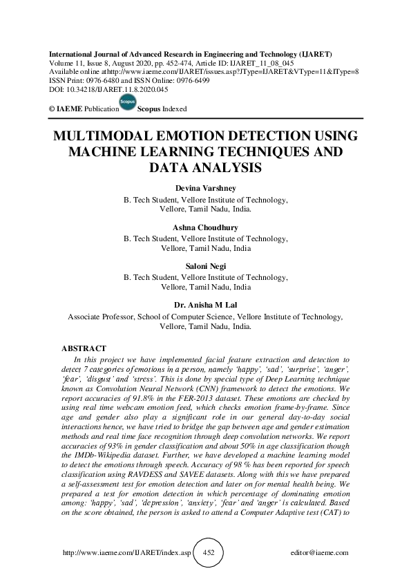 (PDF) MULTIMODAL EMOTION DETECTION USING MACHINE LEARNING TECHNIQUES ...