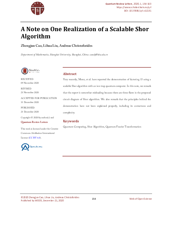 (PDF) A Note on One Realization of a Scalable Shor Algorithm