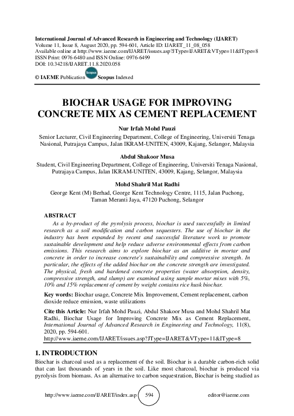 (PDF) BIOCHAR USAGE FOR IMPROVING CONCRETE MIX AS CEMENT REPLACEMENT