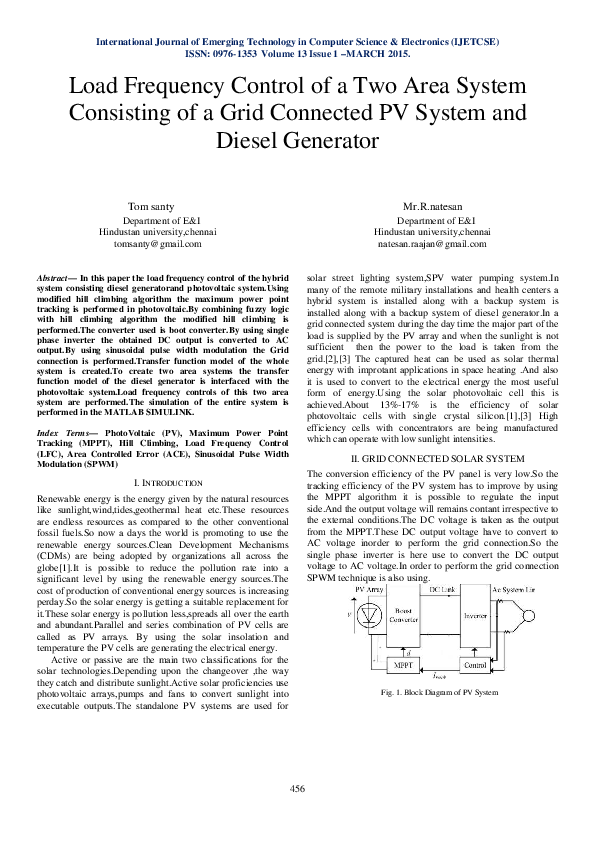 Pdf Load Frequency Control Of A Two Area System Consisting Of A Grid Connected Pv System And