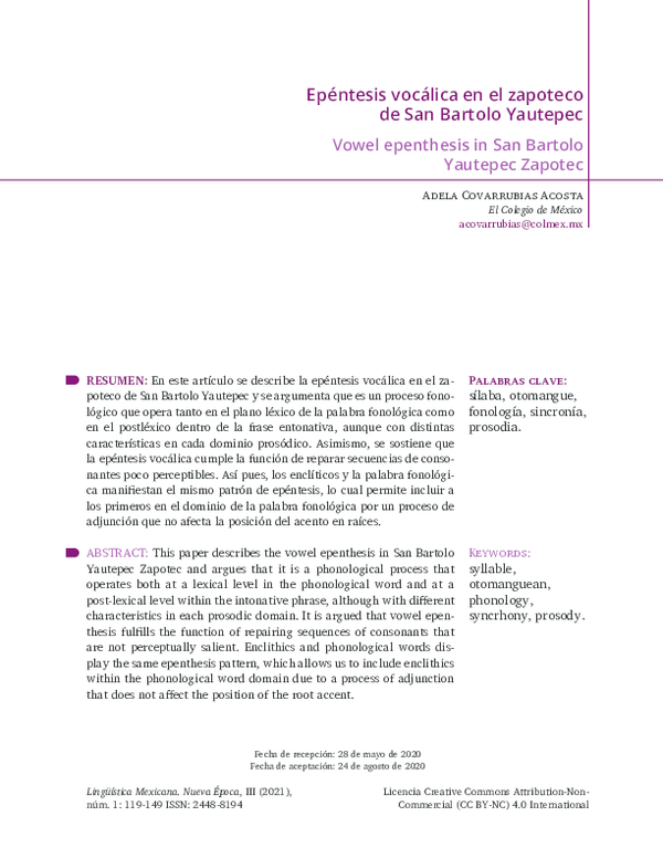 (PDF) Epéntesis vocálica en el zapoteco de San Bartolo Yautepec