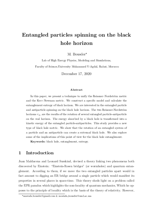(PDF) Entangled particles spinning on the black hole horizon