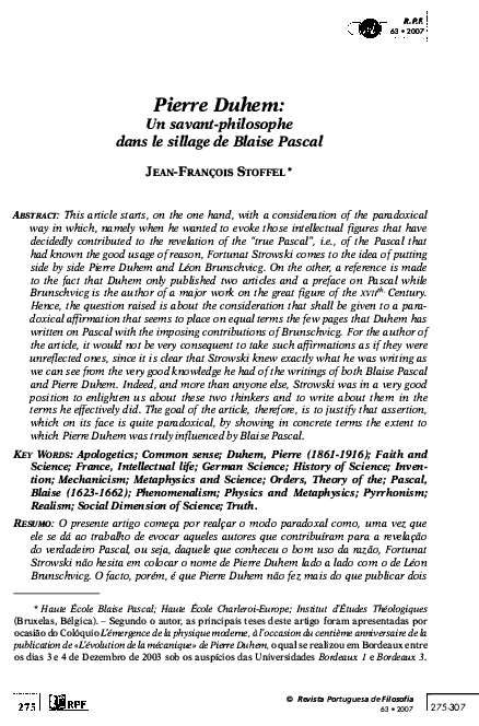 (PDF) Pierre Duhem: un savant-philosophe dans le sillage de Blaise Pascal