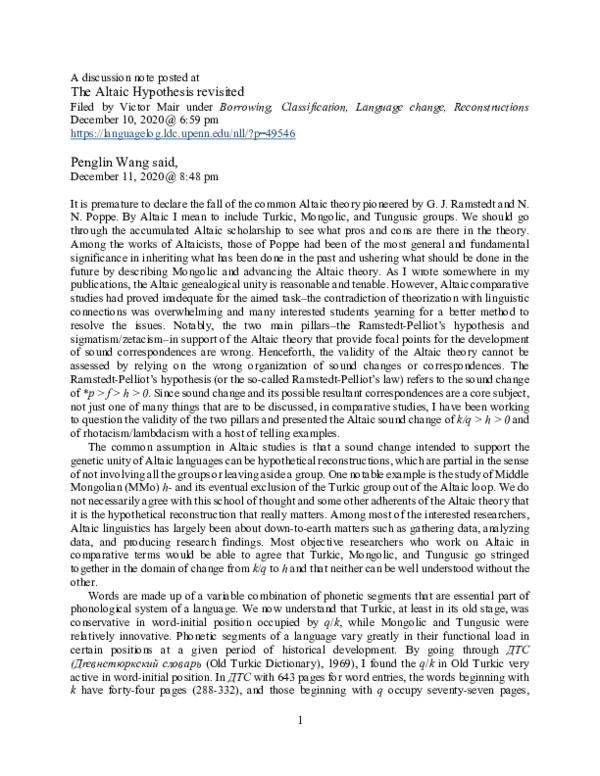 (PDF) The Altaic Hypothesis Revisited