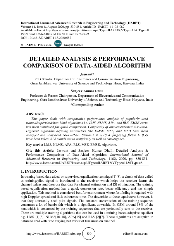(PDF) DETAILED ANALYSIS & PERFORMANCE COMPARISON OF DATA-AIDED ALGORITHM