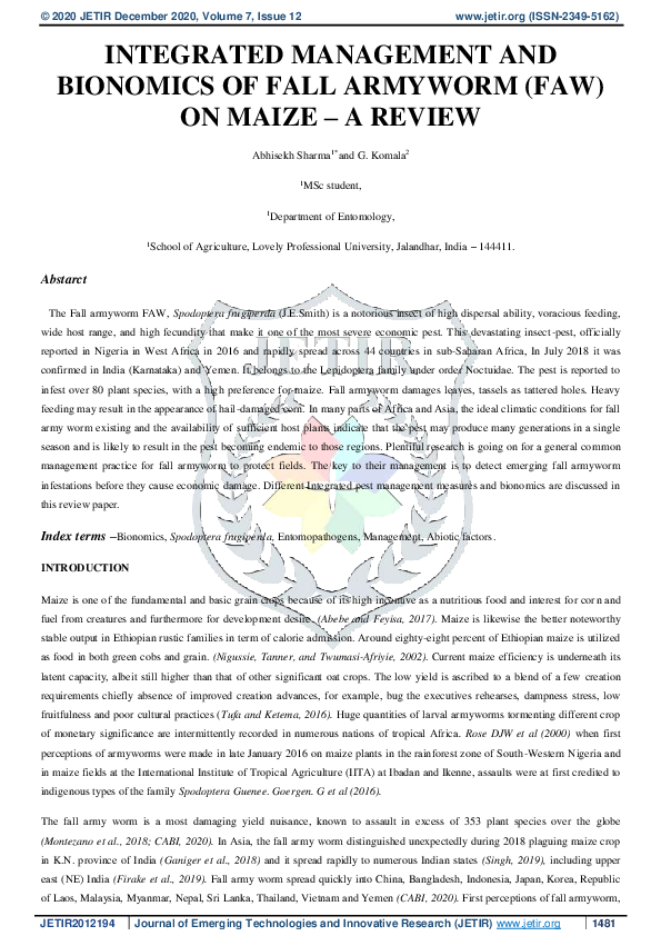 (PDF) INTEGRATED MANAGEMENT AND BIONOMICS OF FALL ARMYWORM (FAW) ON MAIZE -A REVIEW