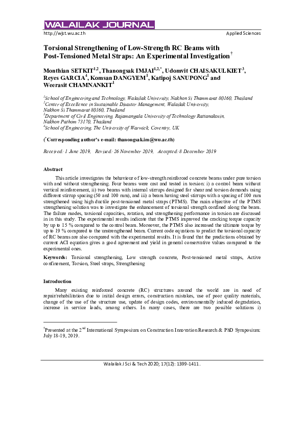 (PDF) Torsional Strengthening of Low-Strength RC Beams with Post-Tensioned Metal Straps: An ...