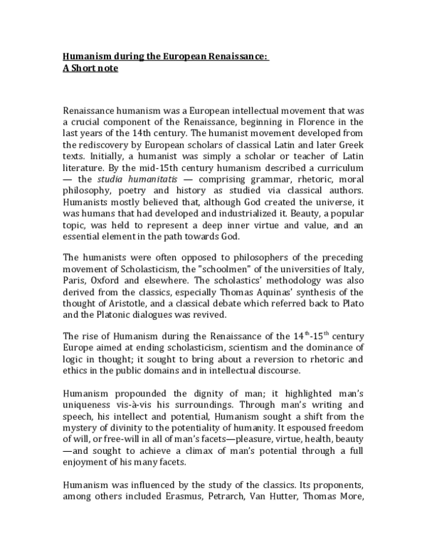 (DOC) Humanism during the European Renaissance: A Short note