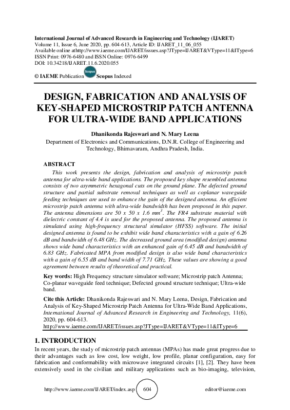 Pdf Design Fabrication And Analysis Of Key Shaped Microstrip Patch
