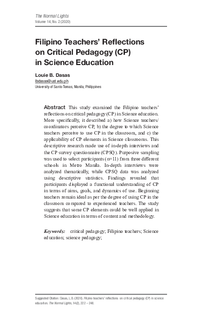 (PDF) Filipino teachers' reflections on critical pedagogy (CP) in ...