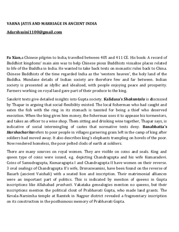 (DOC) VARNA JATIS AND MARRIAGE IN ANCIENT INDIA