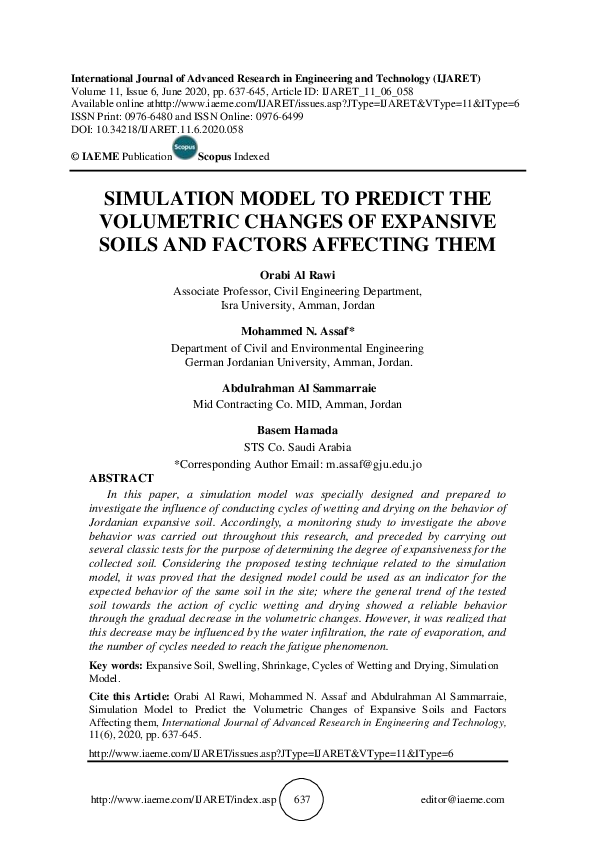(PDF) Article ID: IJARET_11_06_058 Simulation Model to Predict the Volumetric Changes of ...
