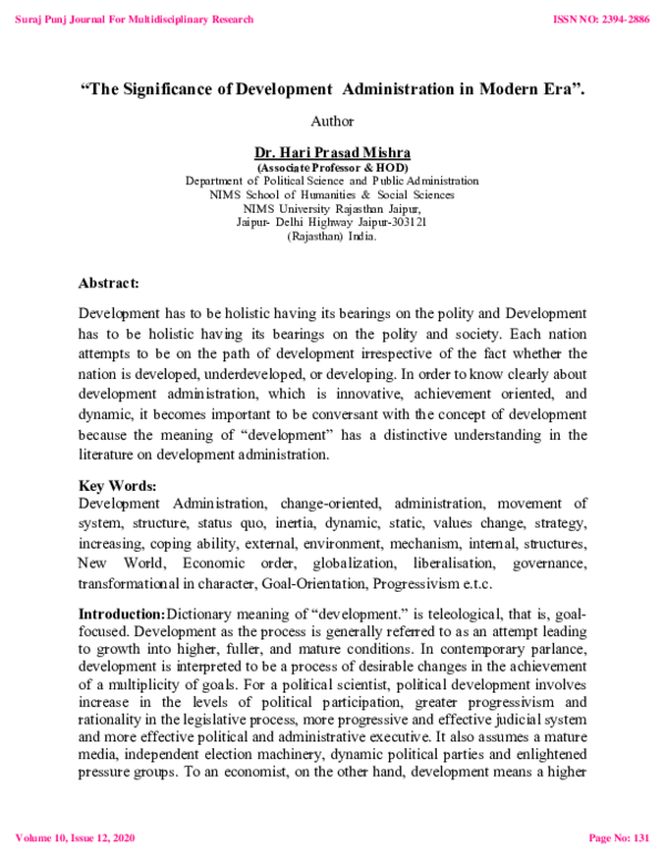 (PDF) "The Significance of Development Administration in Modern Era"