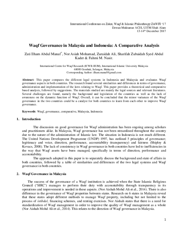 (PDF) Waqf Governance in Malaysia and Indonesia: A Comparative Analysis
