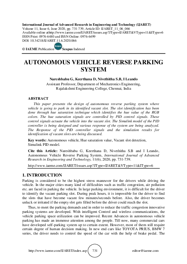 (PDF) Autonomous Vehicle Reverse Parking System