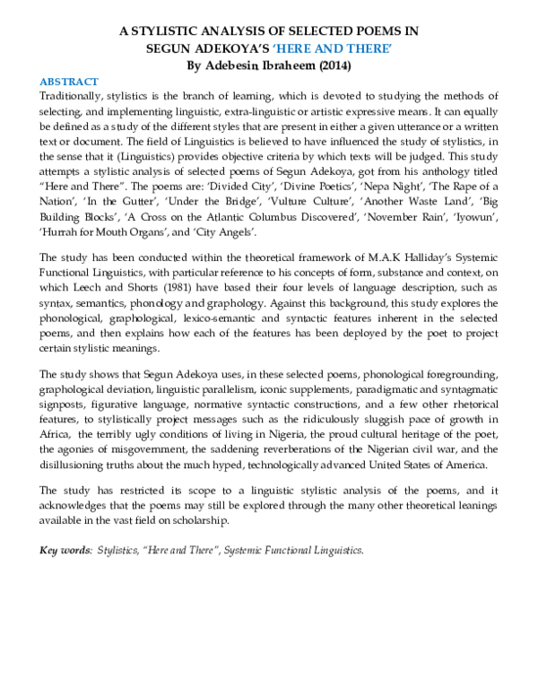 (PDF) A STYLISTIC ANALYSIS OF SELECTED POEMS IN SEGUN ADEKOYA'S 'HERE AND THERE' By Adebesin ...