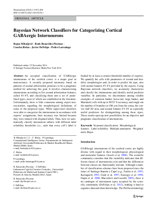 (PDF) Bayesian network classifiers for categorizing cortical GABAergic interneurons