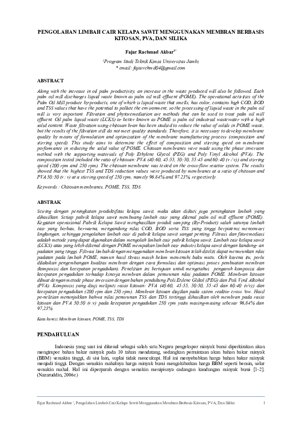 (DOC) PENGOLAHAN LIMBAH CAIR KELAPA SAWIT MENGGUNAKAN MEMBRAN BERBASIS ...