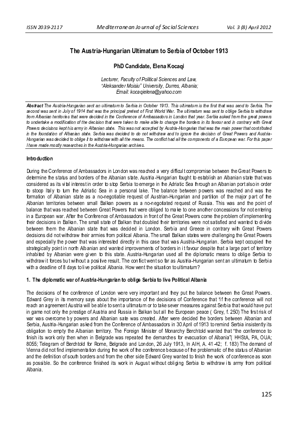 (PDF) The Austria-Hungarian Ultimatum to Serbia of October 1913