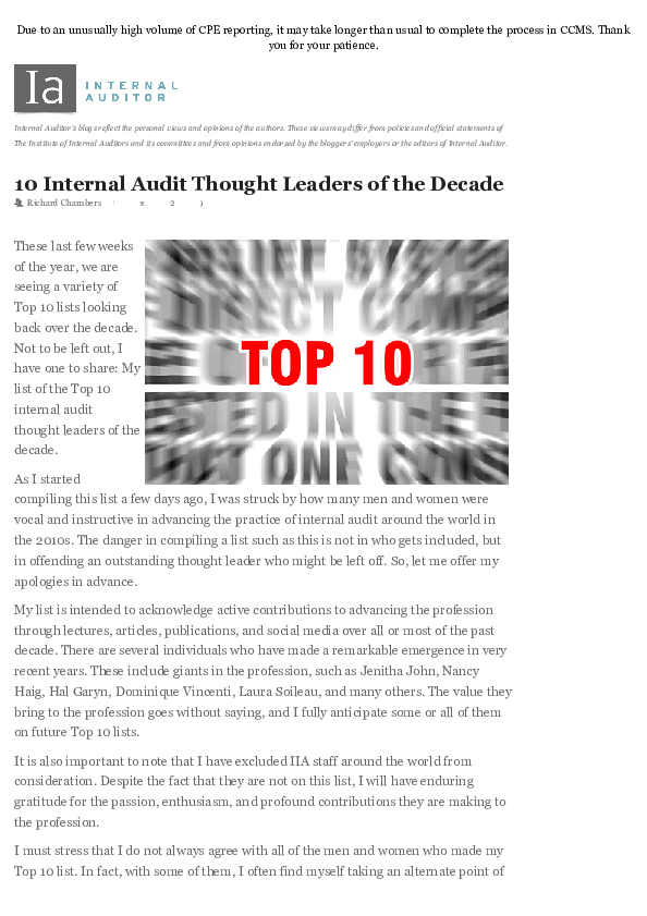 (PDF) 10 Internal Audit Thought Leaders of the Decade