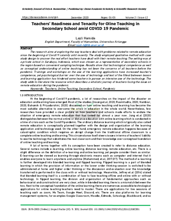 (PDF) Teachers’ Readiness and Tenacity for Oline Teaching in Secondary School amid COVID 19 Pandemic