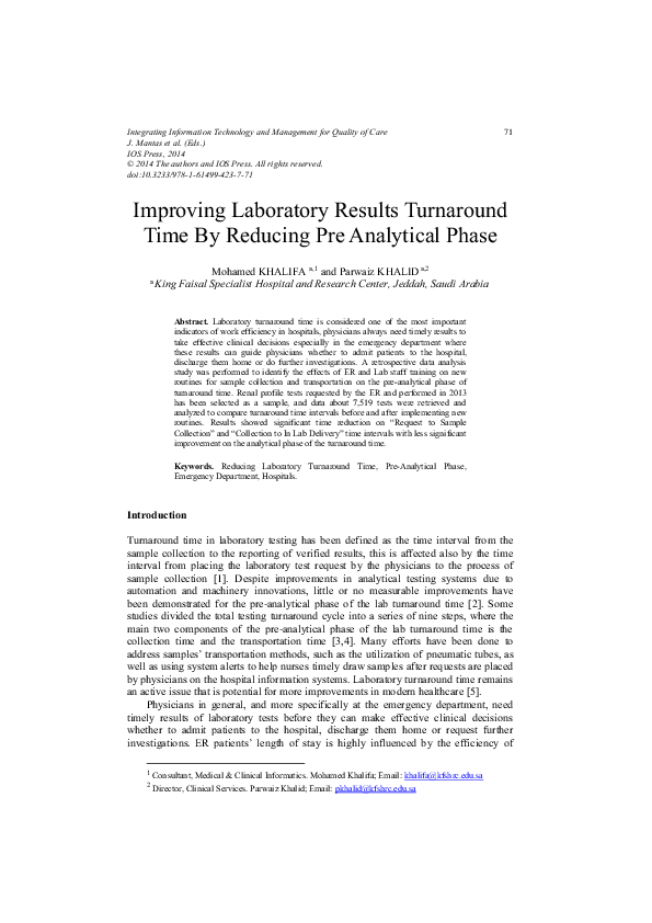 (PDF) Improving laboratory results turnaround time by reducing pre ...