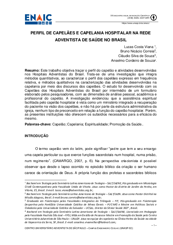 (PDF) PERFIL DE CAPELÃES E CAPELANIA HOSPITALAR NA REDE ADVENTISTA DE ...