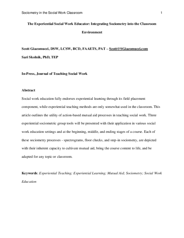 (PDF) Sociometry in the Social Work Classroom The Experiential Social ...