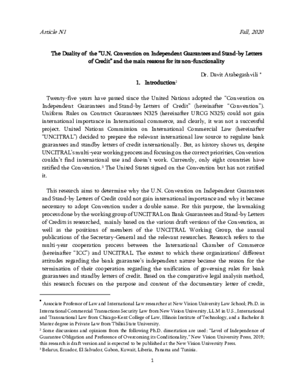 (PDF) The Duality of the U.N. Convention on Independent Guarantees and Stand-by Letters of ...