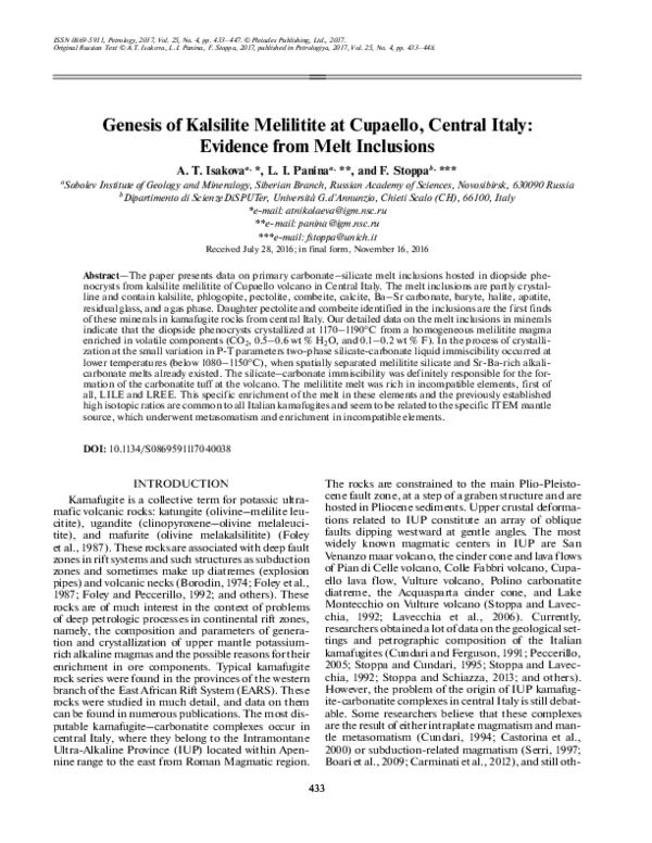 (PDF) Genesis of Kalsilite Melilitite at Cupaello, Central Italy ...