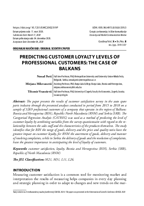 (PDF) PREDICTING CUSTOMER LOYALTY LEVELS OF PROFESSIONAL CUSTOMERS: THE ...