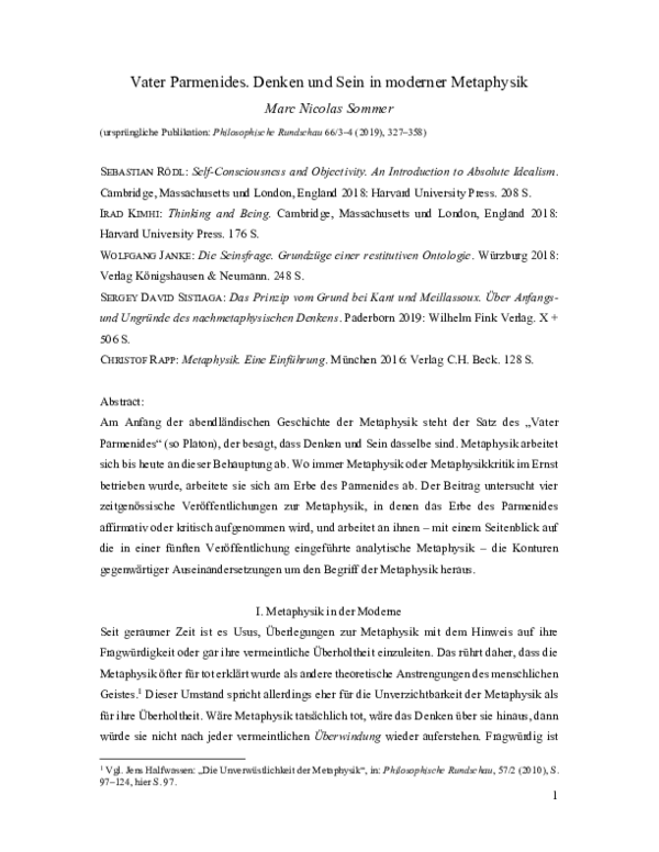 (PDF) Vater Parmenides. Denken und Sein in moderner Metaphysik