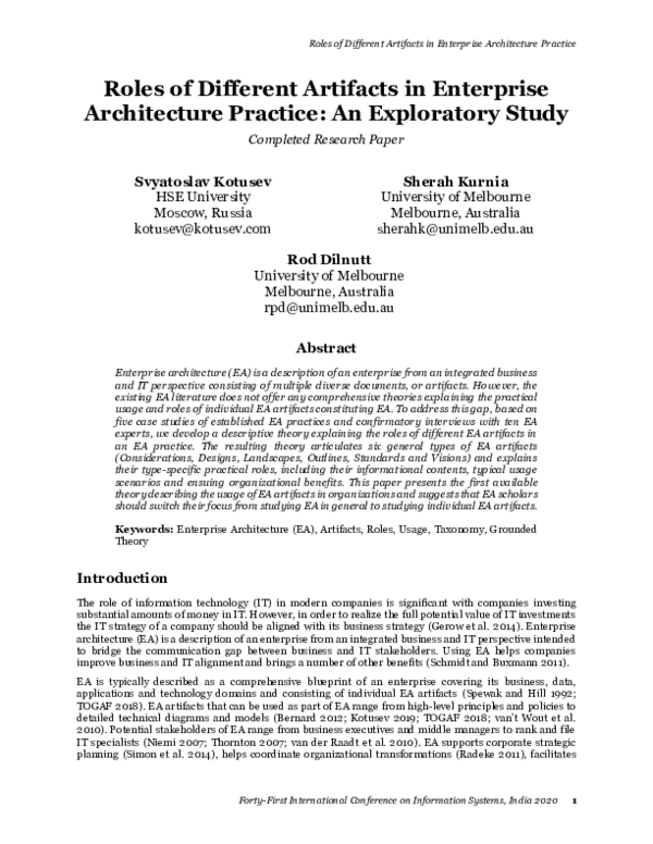(PDF) Roles of Different Artifacts in Enterprise Architecture Practice: An Exploratory Study