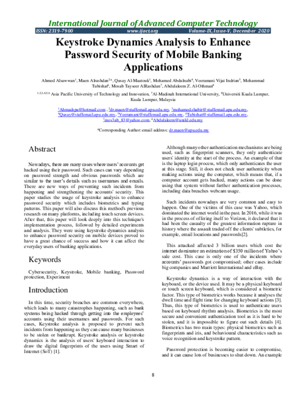(PDF) Keystroke Dynamics Analysis to Enhance Password Security of Mobile Banking Applications