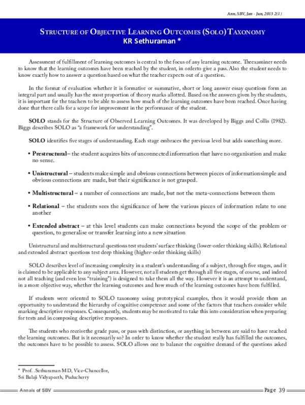 (PDF) Structure of Objective Learning Outcomes (SOLO) Taxonomy