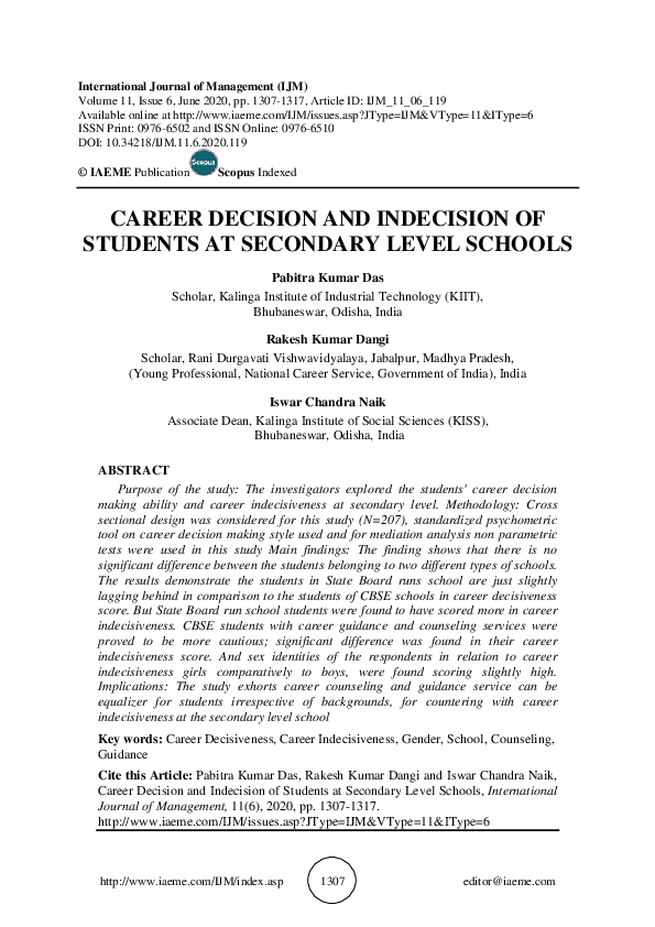 (PDF) Career Decision and Indecision of Students at Secondary Level Schools