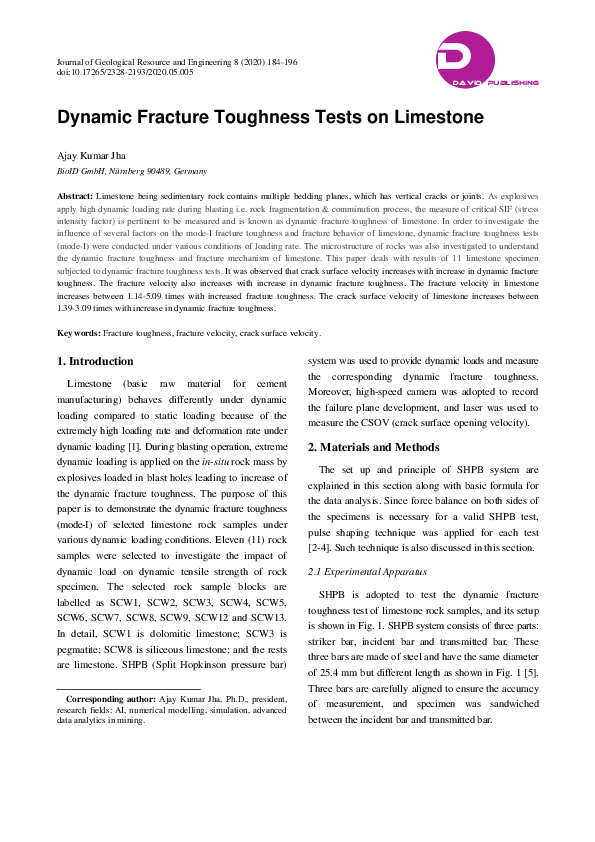 Pdf Dynamic Fracture Toughness Tests On Limestone