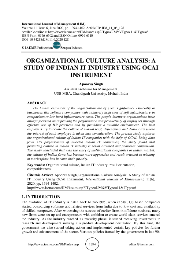 (PDF) ORGANIZATIONAL CULTURE ANALYSIS: A STUDY OF INDIAN IT INDUSTRY ...