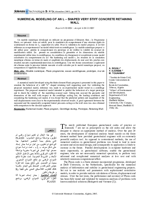 (PDF) NUMERICAL MODELING OF AN L -SHAPED VERY STIFF CONCRETE RETAINING WALL
