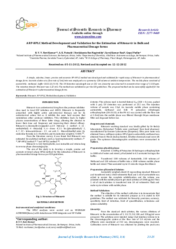 (PDF) A RP-HPLC Method Development and Validation for the Estimation of Ritonavir in Bulk and ...